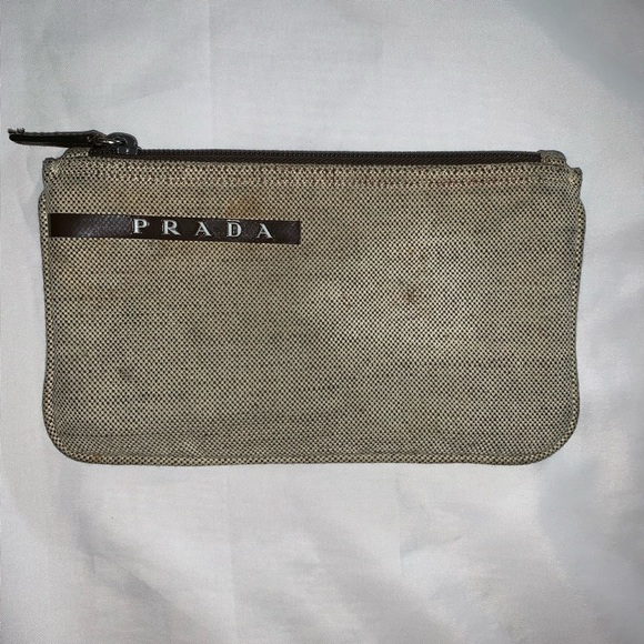 Prada | Bags | Prada Zip Top Pouch Makeupbag Clutch Tan Linen | Poshmark